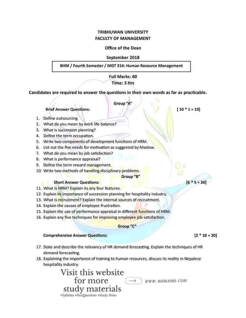 BHM TU 4th Semester HRM Past Question Paper (2016 to latest)
