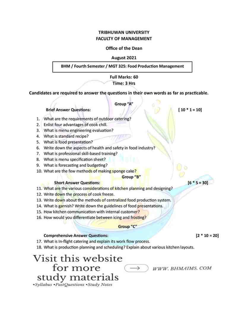 BHM 4th Semester Food Production Management Question Paper - BhmAims