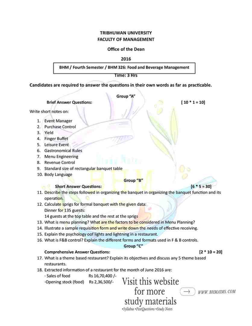 BHM 4th Semester Food and Beverage Management Past Question