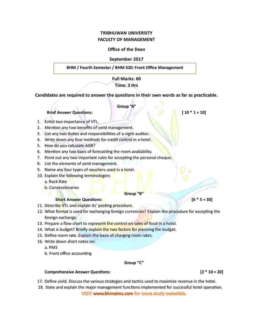 BHM TU 4th Semester Front Office Management Past Questions - BhmAims