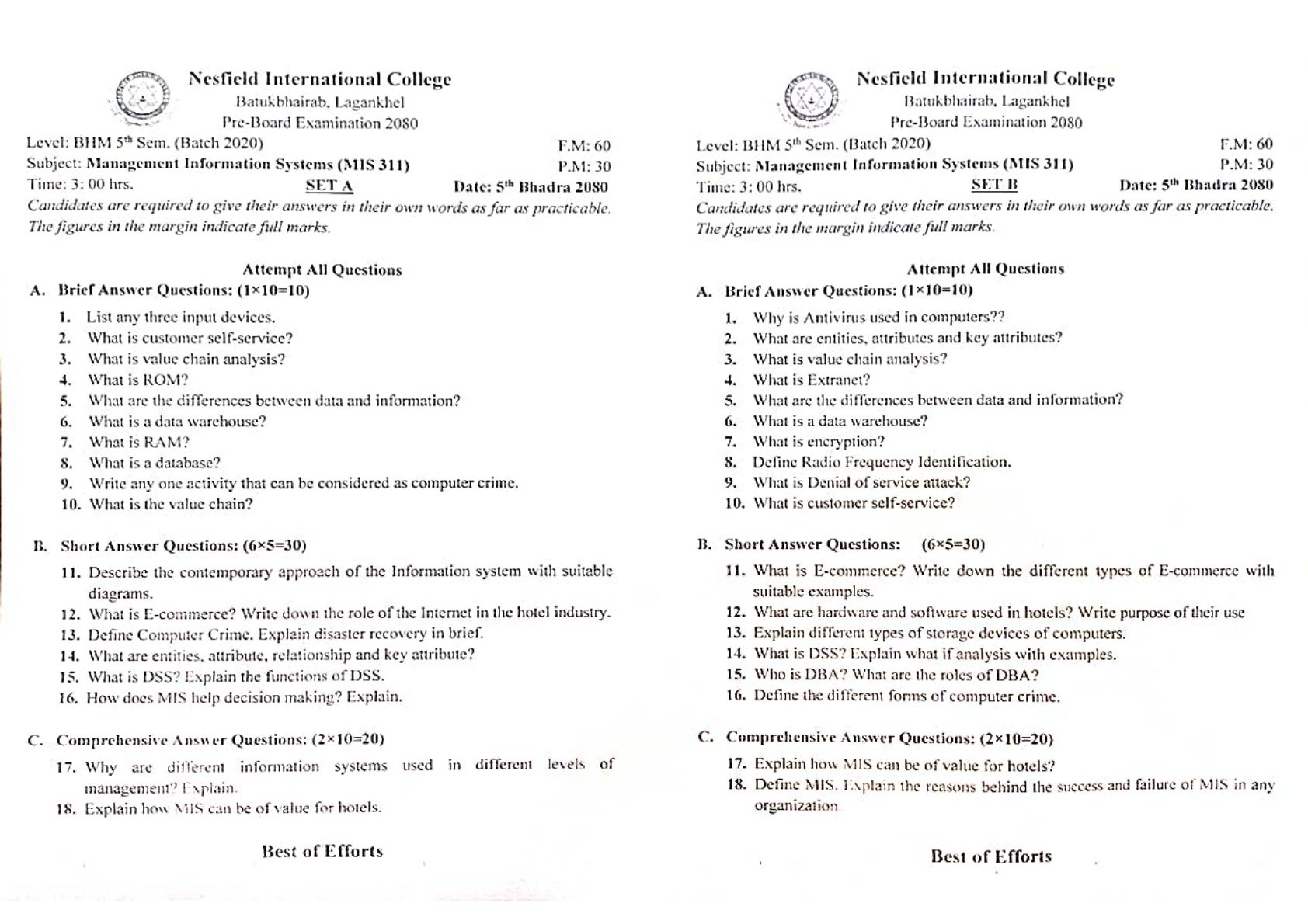 MIS Past Questions | TU BHM 5th Semester | All Year | Free