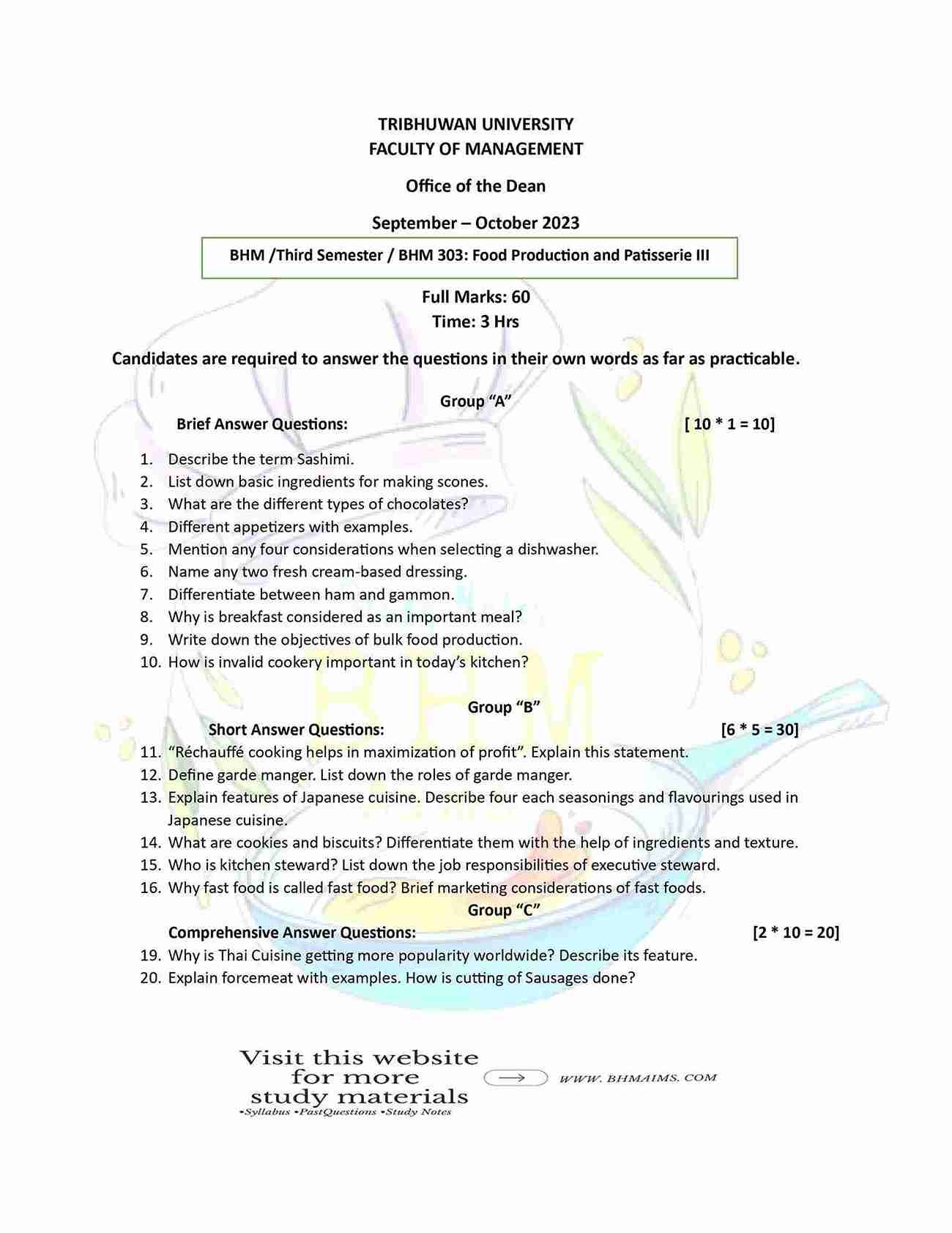 BHM 3rd sem Food Production Past Question - BhmAims