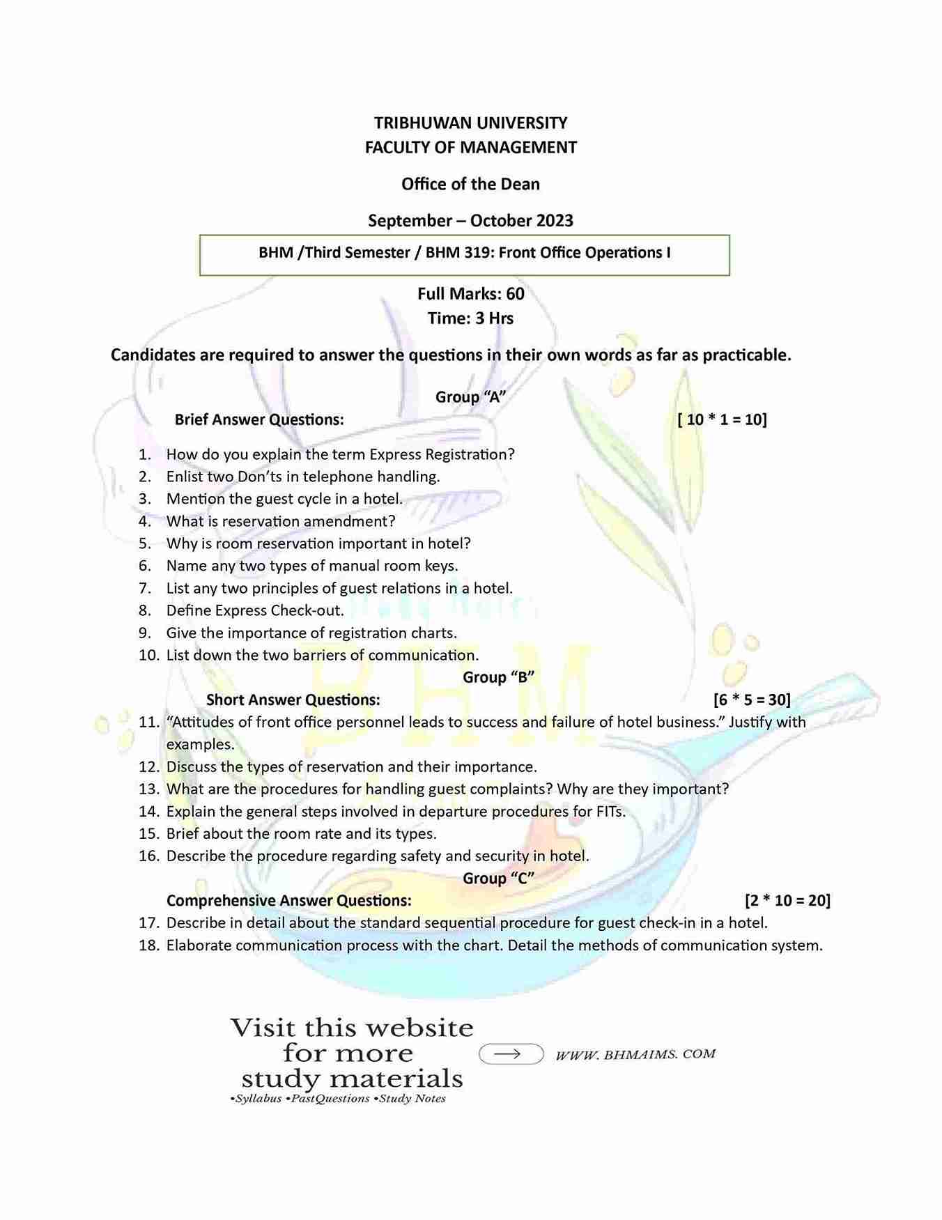 BHM 3rd Semester Front Office Operations I Past Questions (TU)