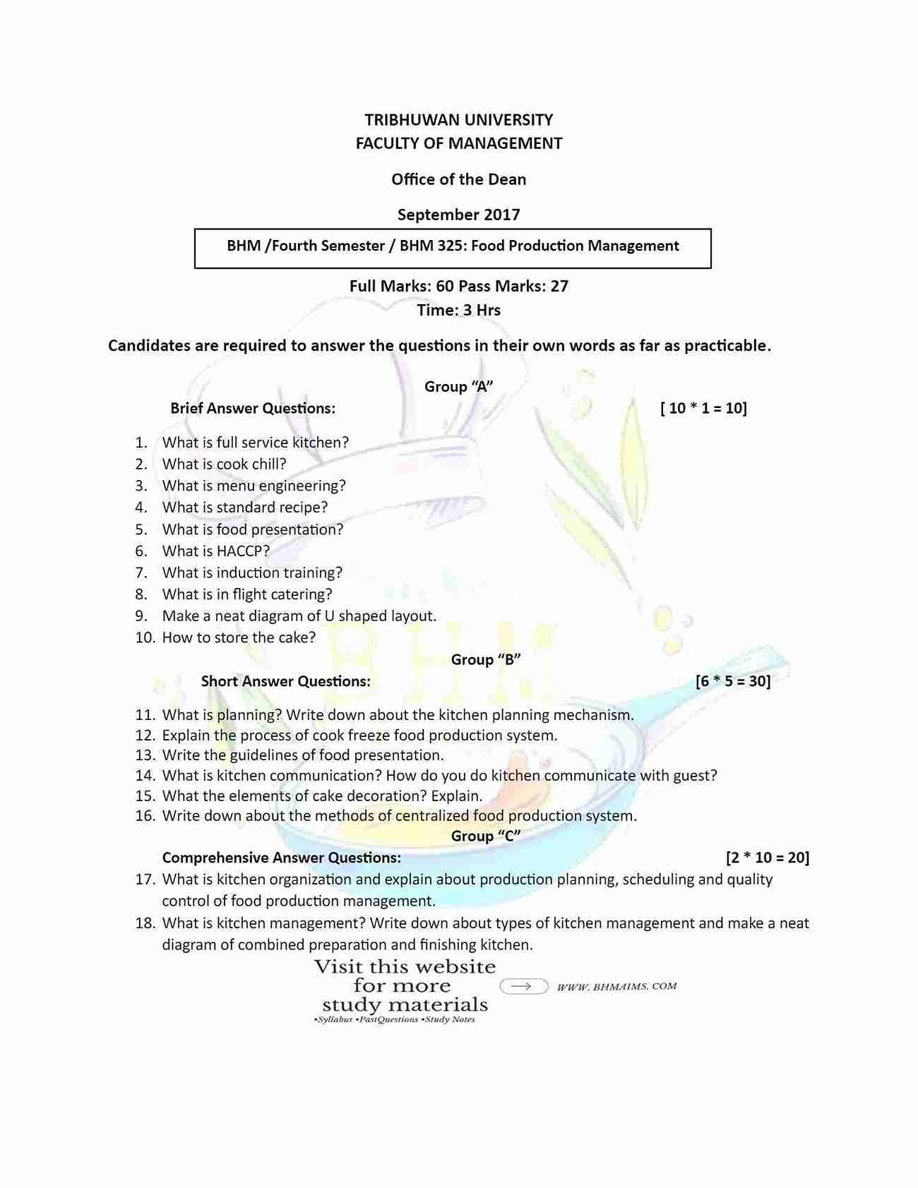 BHM 4th Semester Food Production Management Question Paper - BhmAims