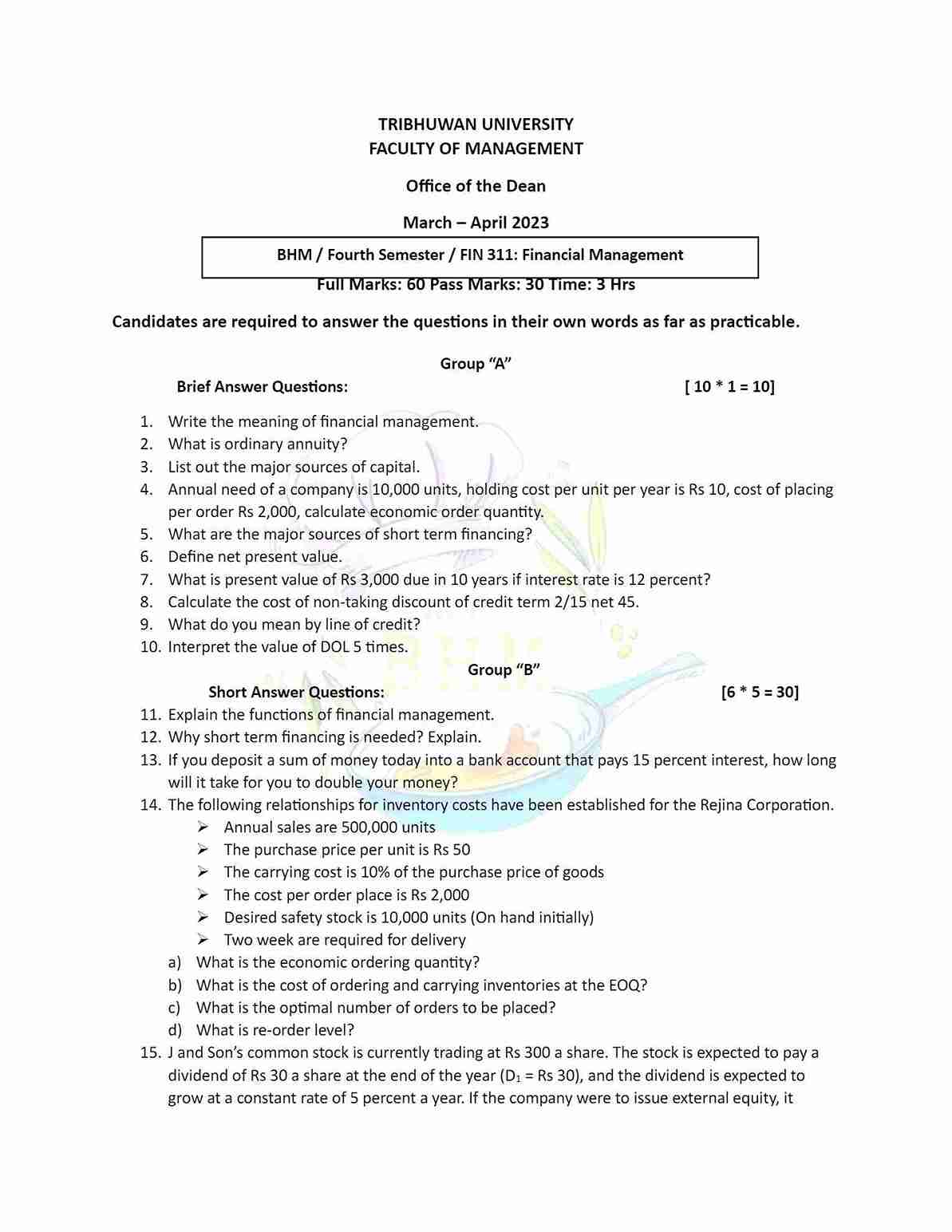 TU BHM 4th Sem Financial Management Question Papers | With Solution