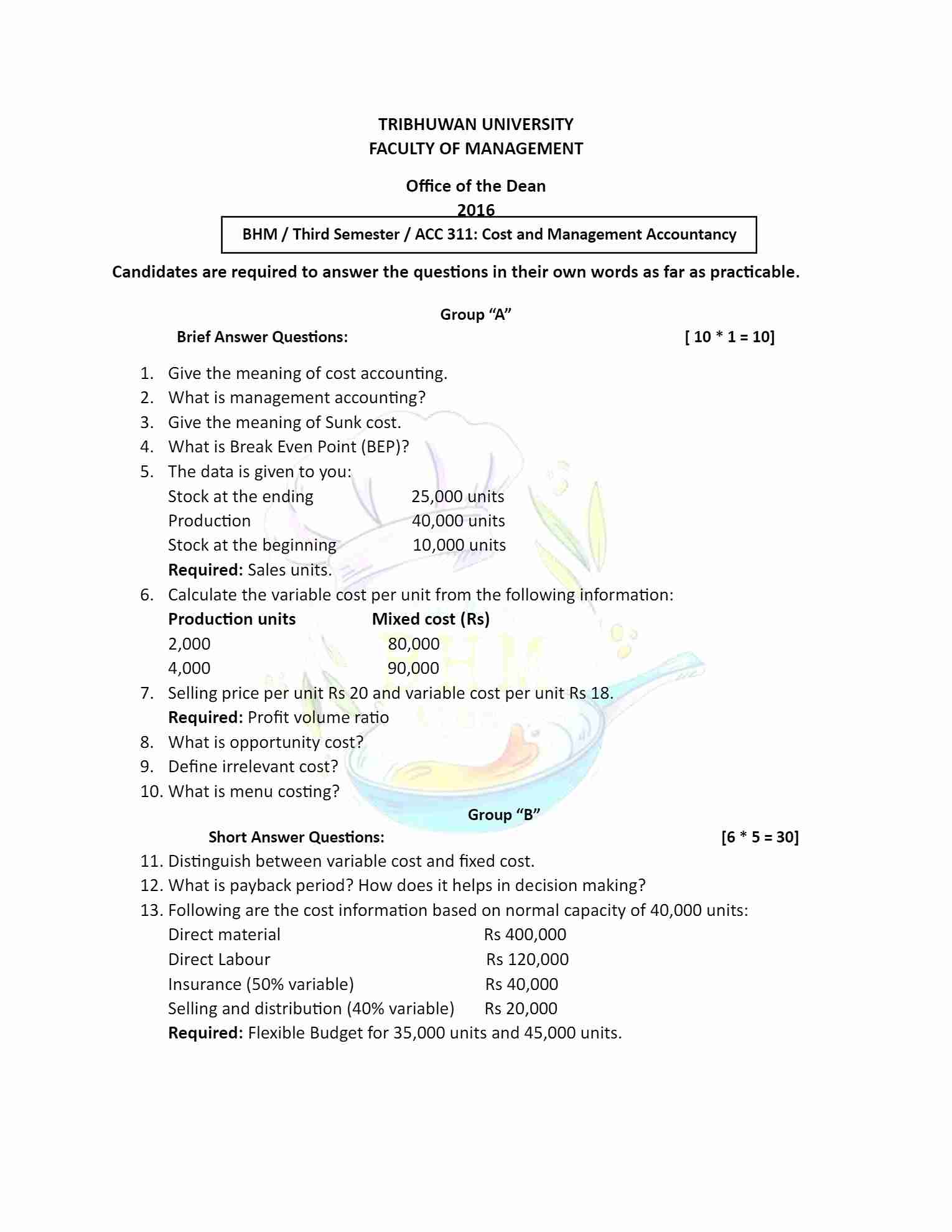 TU BHM 3rd Sem: Cost and Management Accountancy Past Year Question Paper