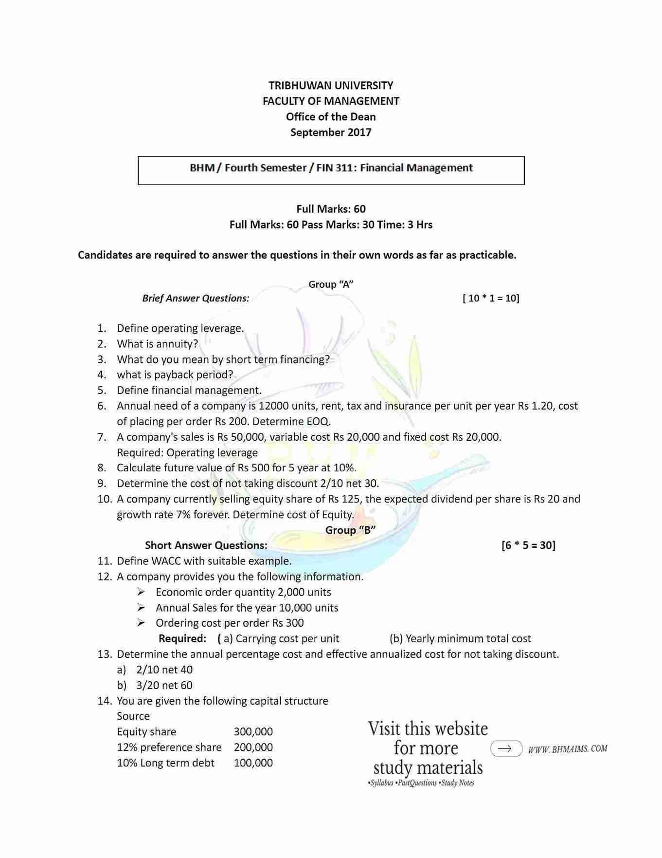 TU BHM 4th Sem Financial Management Question Papers | With Solution