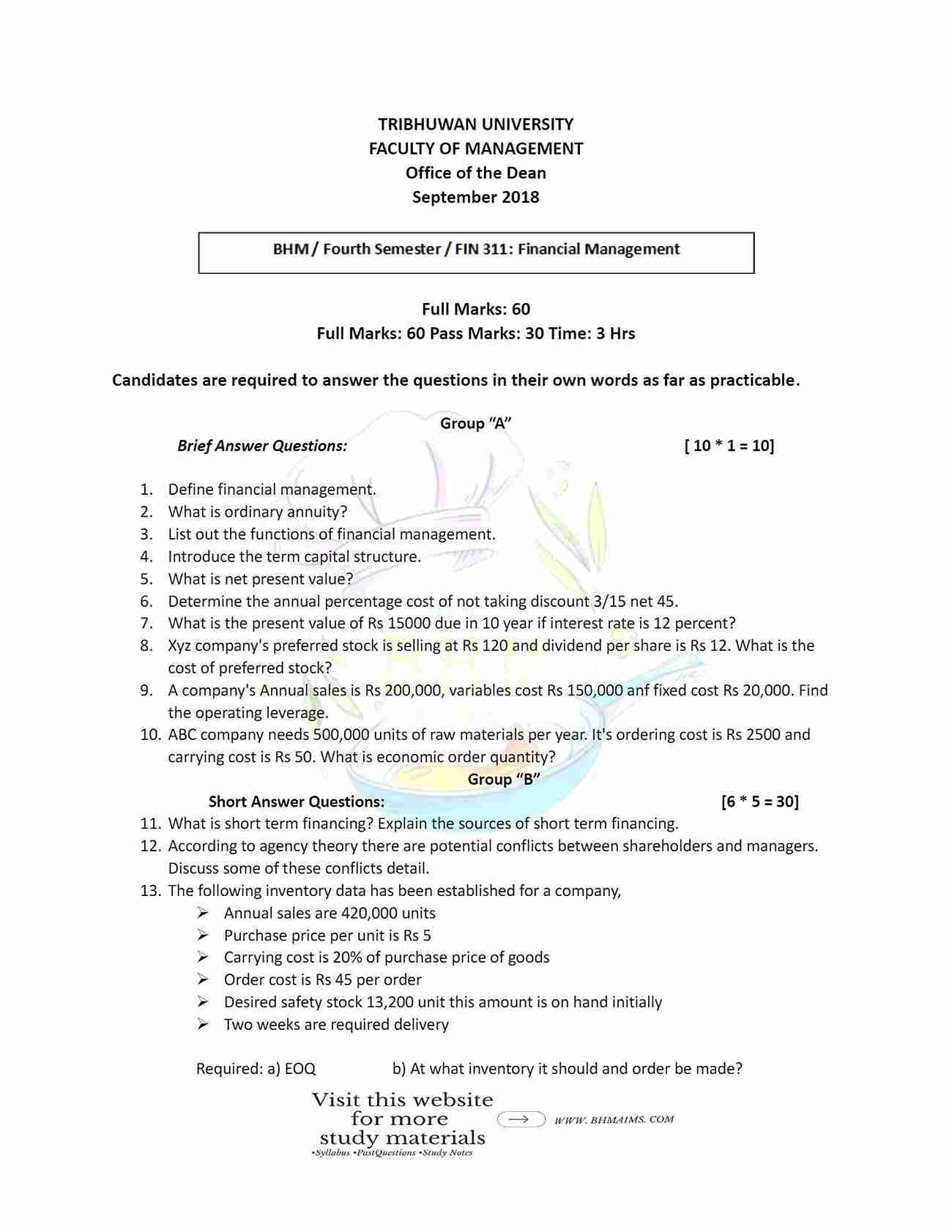 TU BHM 4th Sem Financial Management Question Papers | With Solution