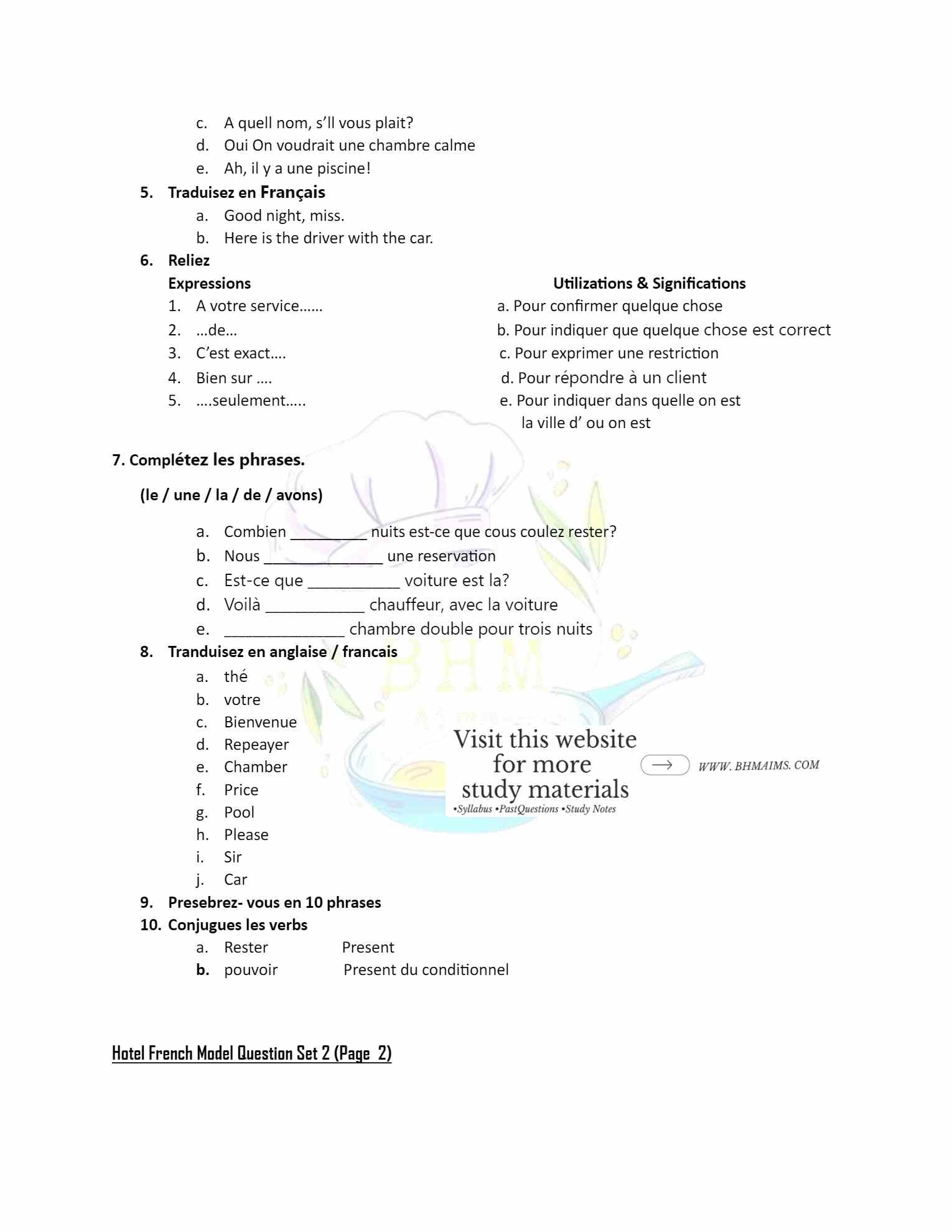 TU BHM 1st Semester Hotel French | Model & Past Year Papers