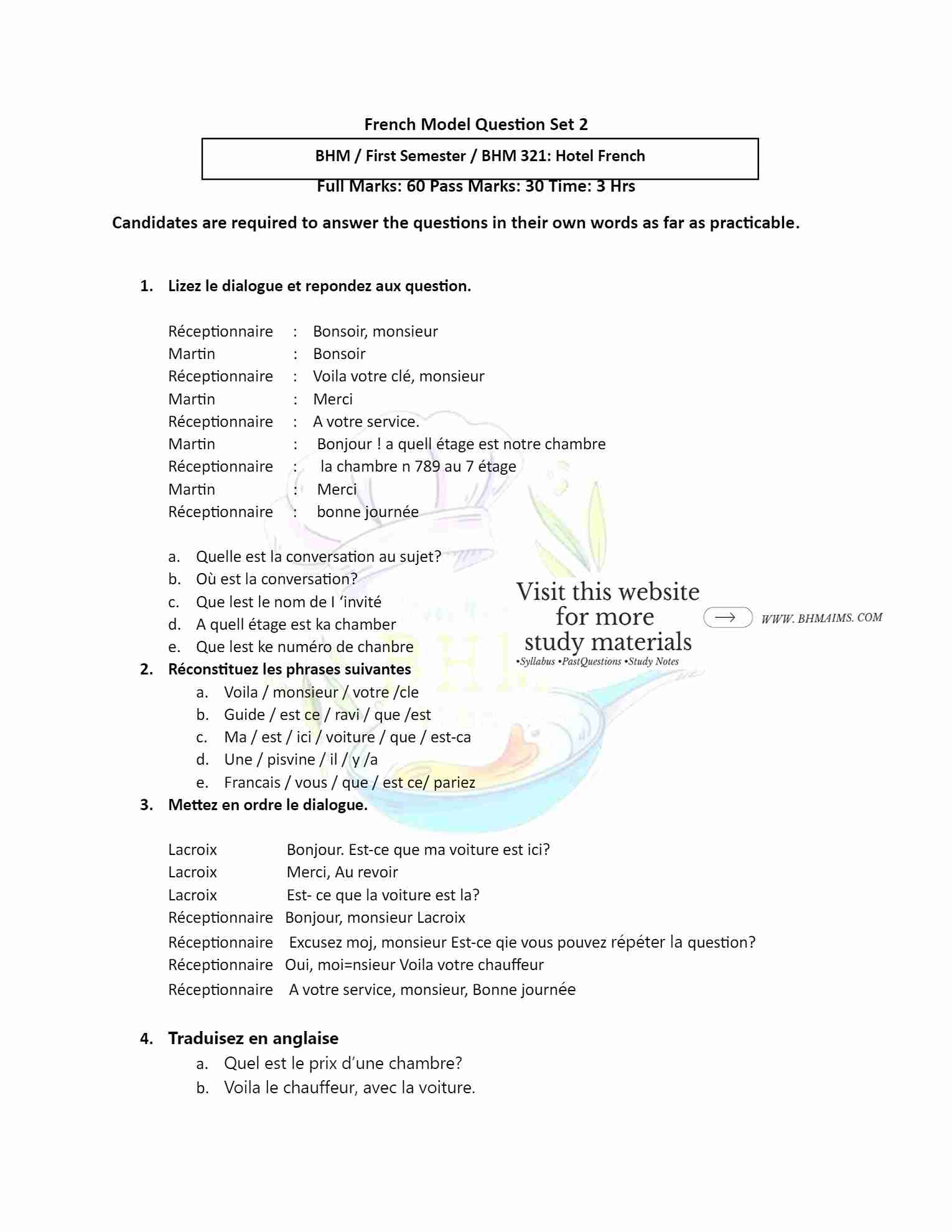 TU BHM 1st Semester Hotel French | Model & Past Year Papers