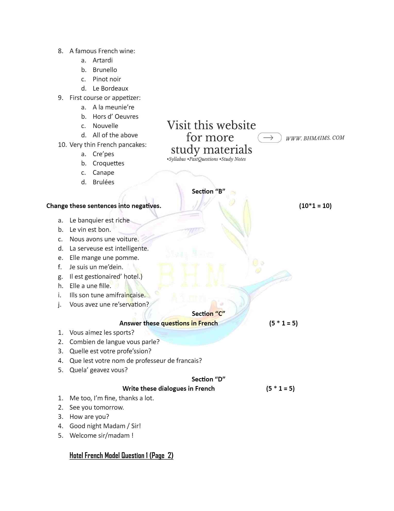 TU BHM 1st Semester Hotel French | Model & Past Year Papers