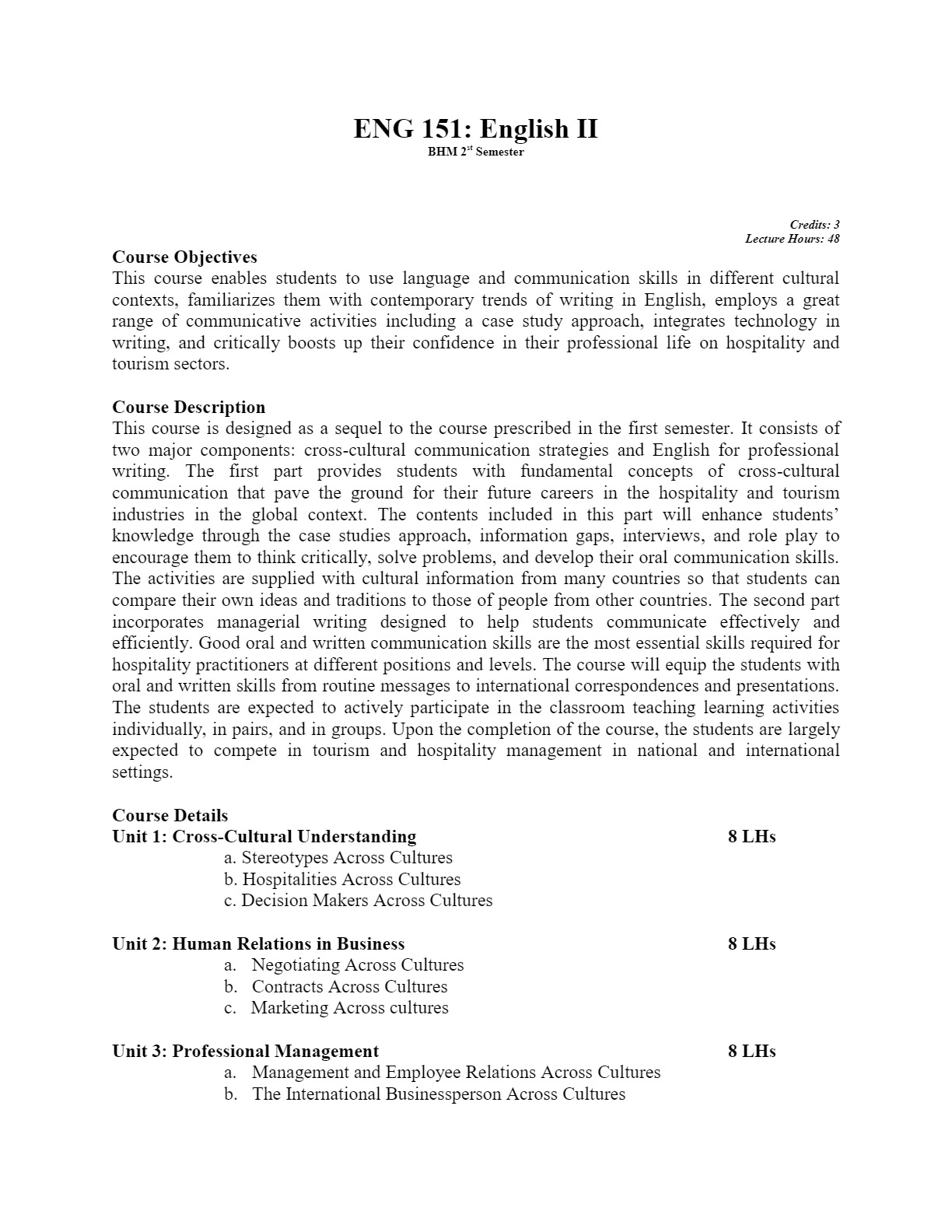 Tribhuwan University (TU) BHM 2nd Semester Updated Syllabus 2024 - New