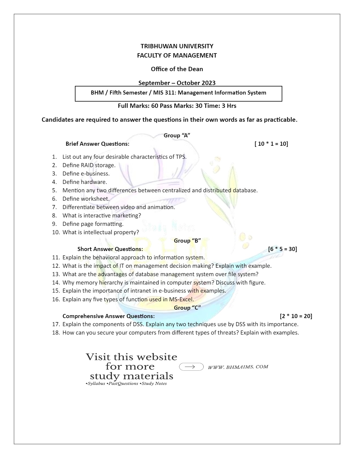 MIS Past Questions | TU BHM 5th Semester | All Year | Free