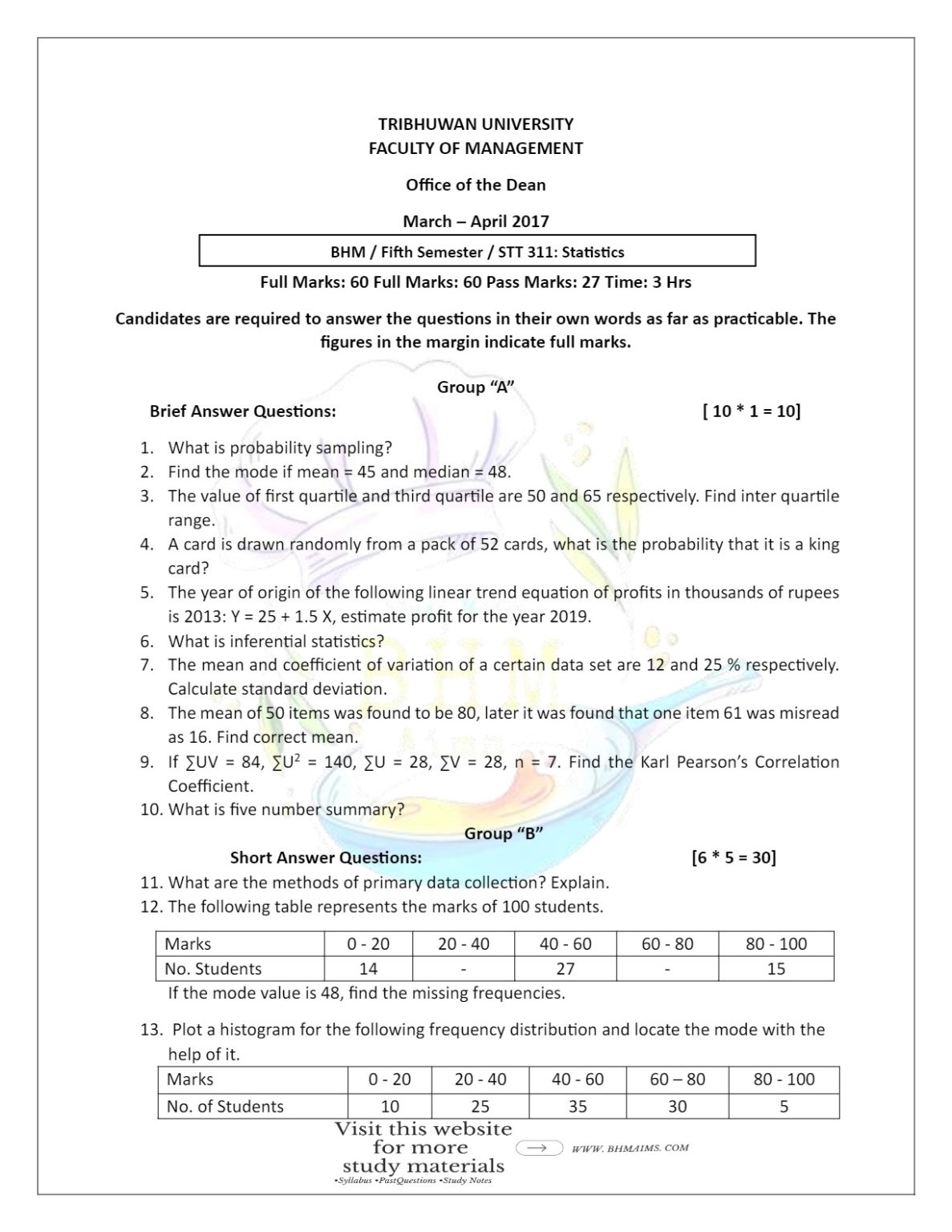 BHM 5th Semester - Statistics Past Question Paper - With Solution
