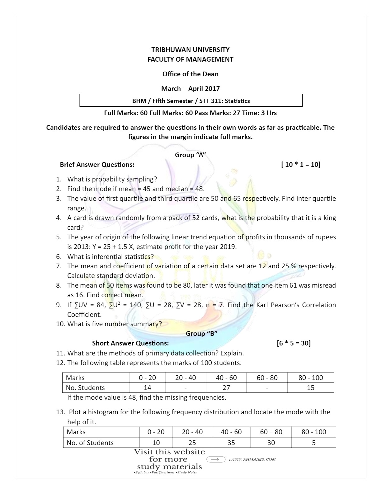 BHM 5th Semester - Statistics Past Question Paper - With Solution