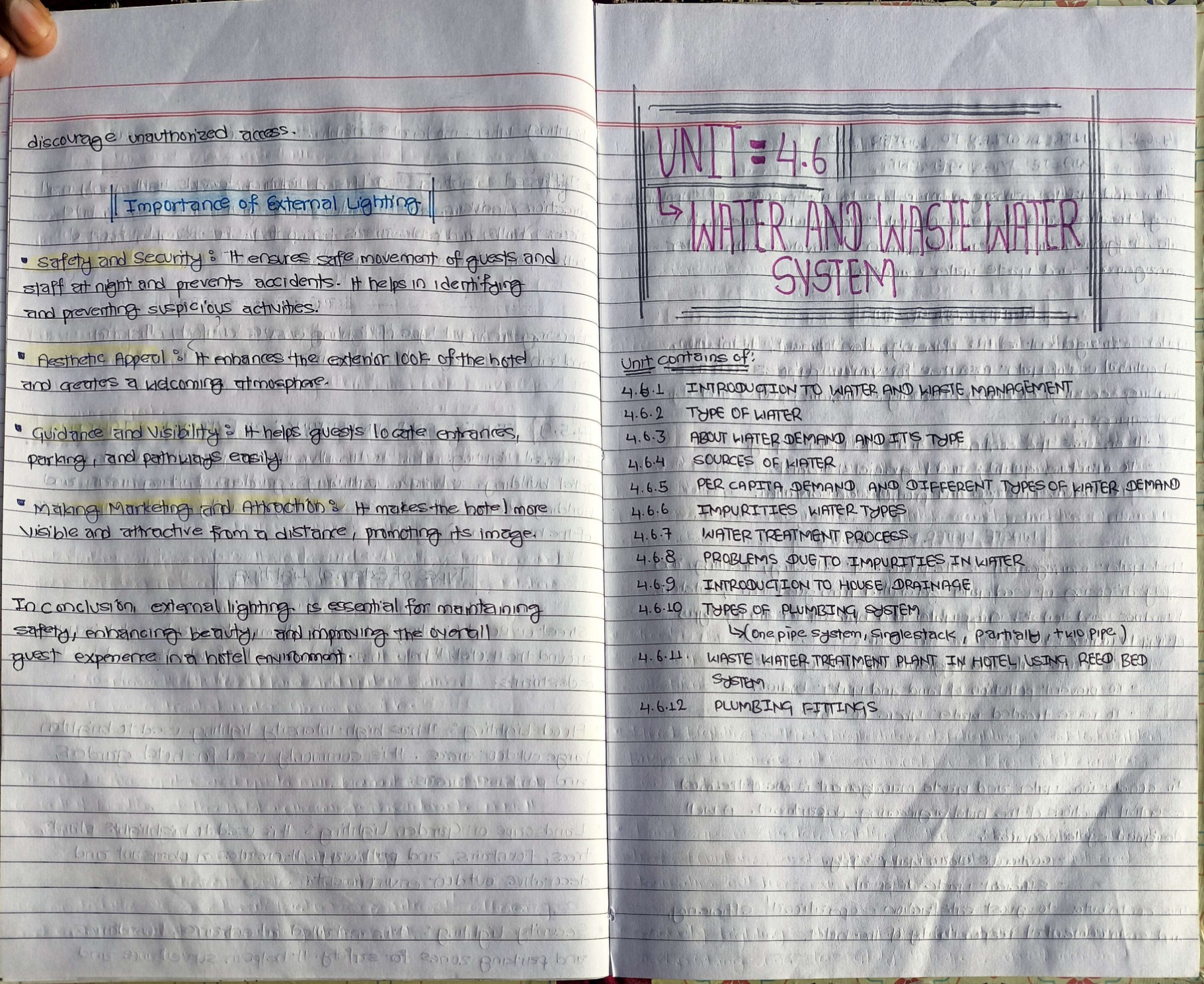 Water and Waste Water System Notes (Unit 4: Hotel Engineering)